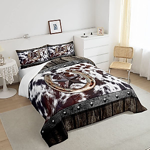 Brown Cowhide Bedding Set For Men Queen,Rustic Farmhouse Horseshoe Comforter For Kids Adults Western Texas Star Comforter Set Retro Grunge Barn Highland Cow Fur Quilt Duvet Insert 2 Pillow Cases