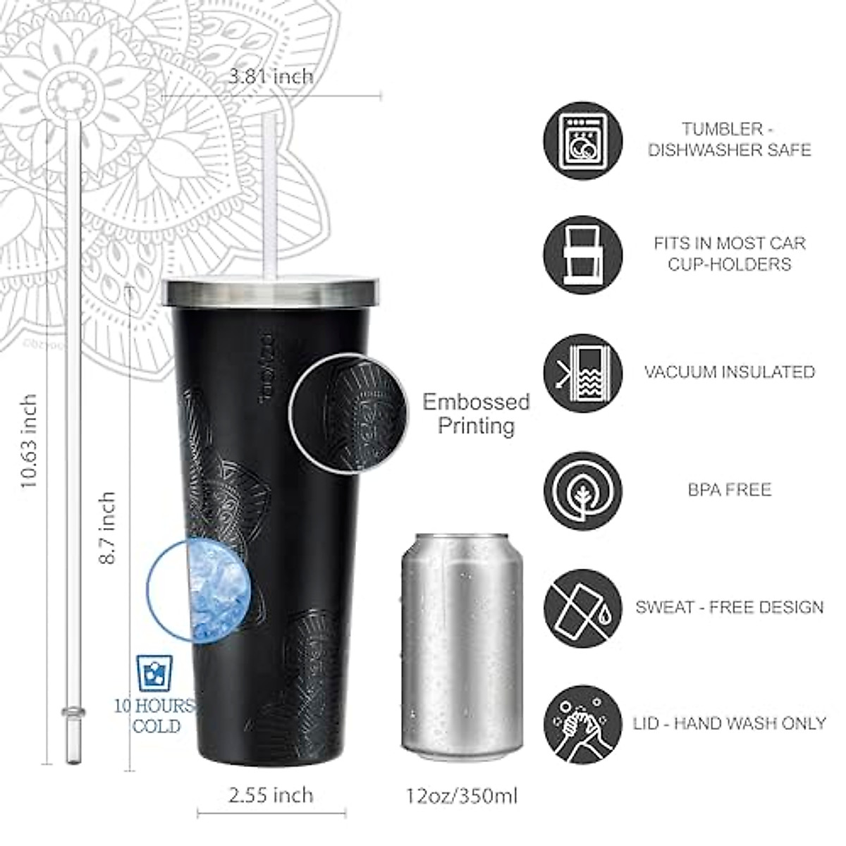 bzyoo SUP Double Wall Vacuum Insulated Tumbler with Straw and Lid Stainless Steel Water Bottle Cold Drink Travel Mug Cup Valentines Gifts For Him & Her (710ml) Color: Mandala Black