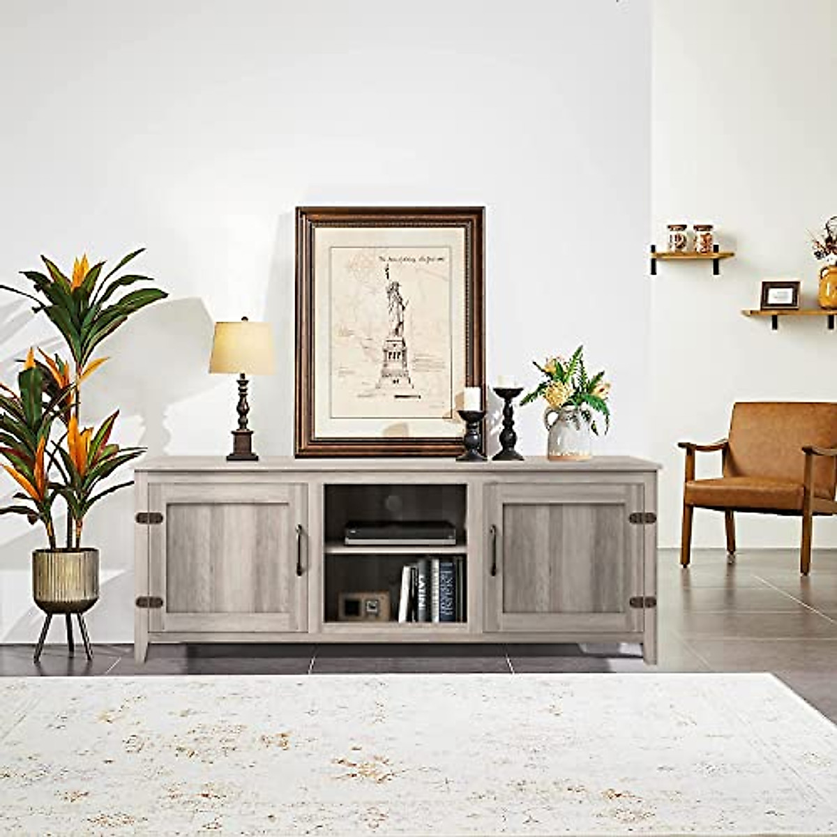 WESOME TV Stand for 50/55/60/65/70/75/80 TVs, Large Farmhouse Barn Door Wooden Media Console with Adjustable Shelves, Rustic TV Console Table Cabinet for Living Room Bedroom 70 Inch (Grey Wash)