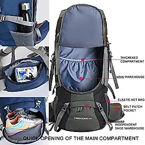 Bseash 60-65L Waterproof Hiking Camping Backpack with Rain Cover,Outdoor Sport Travel Bag Daypack for Climbing Touring (Blue)