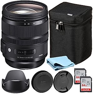 Sigma 24-70mm F2.8 Art for Canon Camera Bundle with Canon 24-70mm f2.8 Sigma Lens, Lens Front and Rear Caps, Lens Hood, Lens Case, 2X 64GB SanDisk Memory Cards (7 Items) - Sigma 24-70 24mm to 70mm