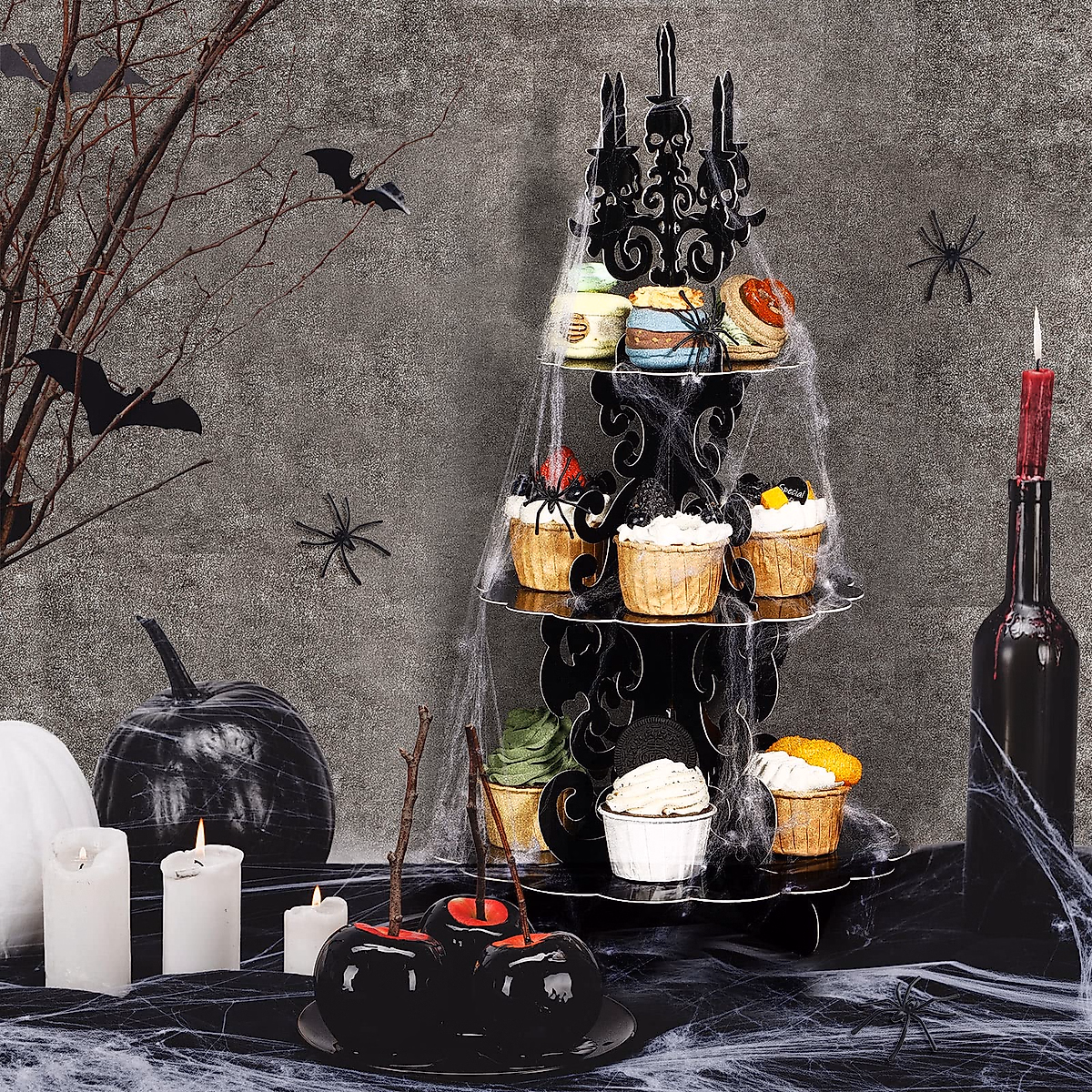 Halloween Cupcake Stand 3-Tier Halloween Gothic Cardboard Cupcake Holder Haunted Skull Candelabra Cupcake Tower Decor with 20g Spider Web Stretchable Cobweb for Halloween Party Supplies Decoration