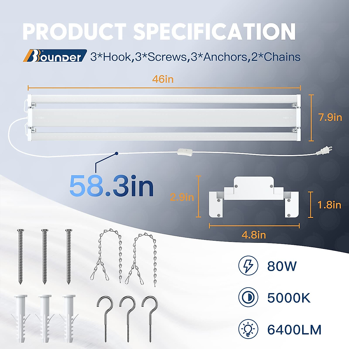 Bbounder Deformable LED Shop Light for Workshop, 6400LM 80W 4FT Utility Shop Lighting Fixture with Plug and Adjustable Panel, 5000K Daylight, Hanging or Flush Mount for Shop, Garage, Workbench, 1 Pack