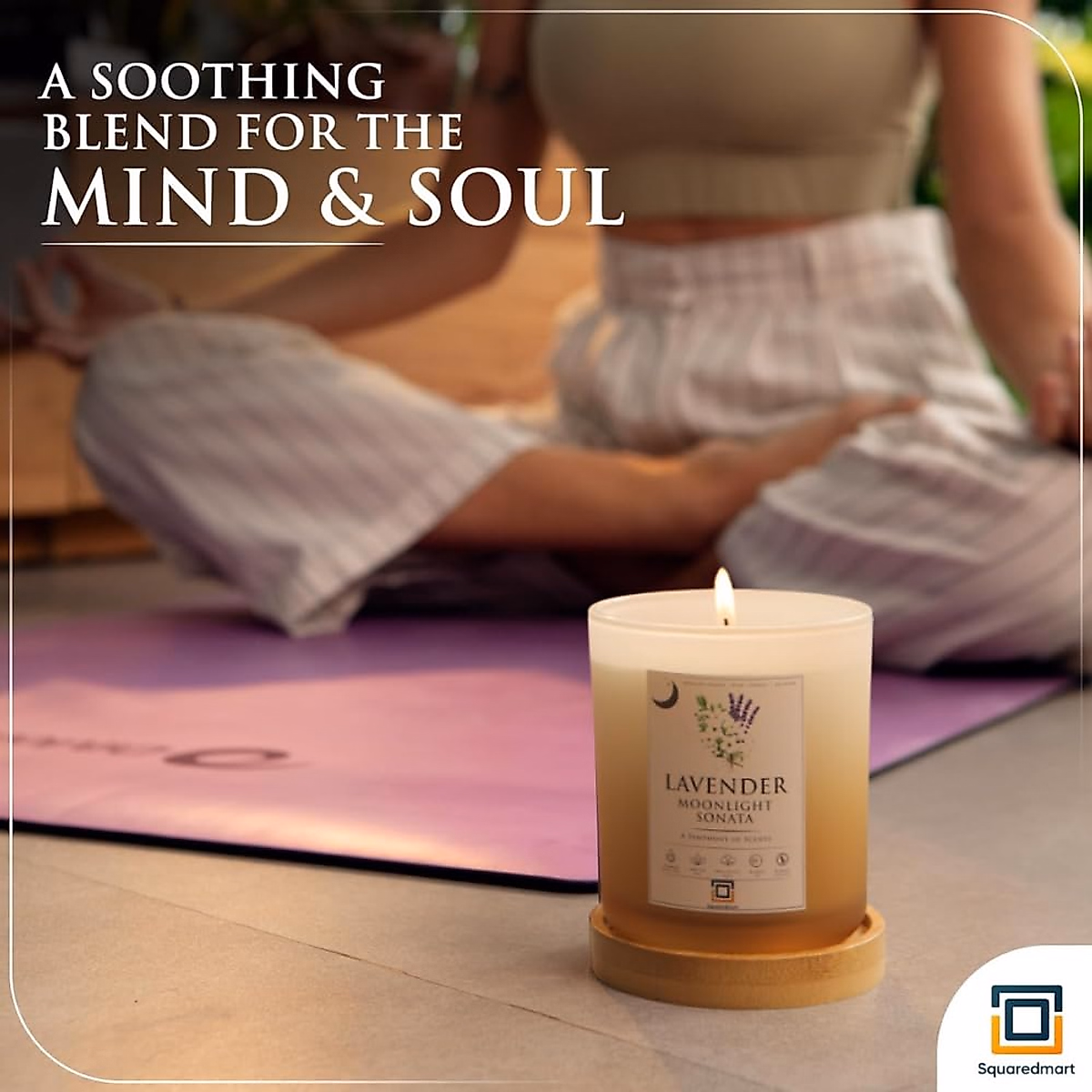 SquaredMart Natural Soy Candle - Lavender Moonlight Sonata, Lavender, Jasmine, Musk & Vanilla Scents, 55 Hour Burn, 100% Cotton Wick, Eco-Friendly Bamboo Coaster & Lid, Decor & Calming, Sandy Bliss