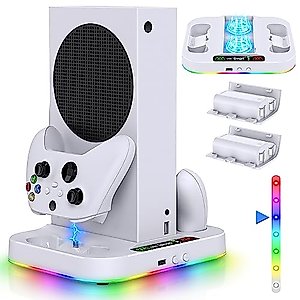 Cooling Fan Stand & RGB Light Strip for Xbox Series S,Dual Charger Station with 2 X 1400mAH Rechargeable Battery Pack,Charging Dock Accessories for XSS with 15 RGB Light Modes,USB2.0 Port for Sync