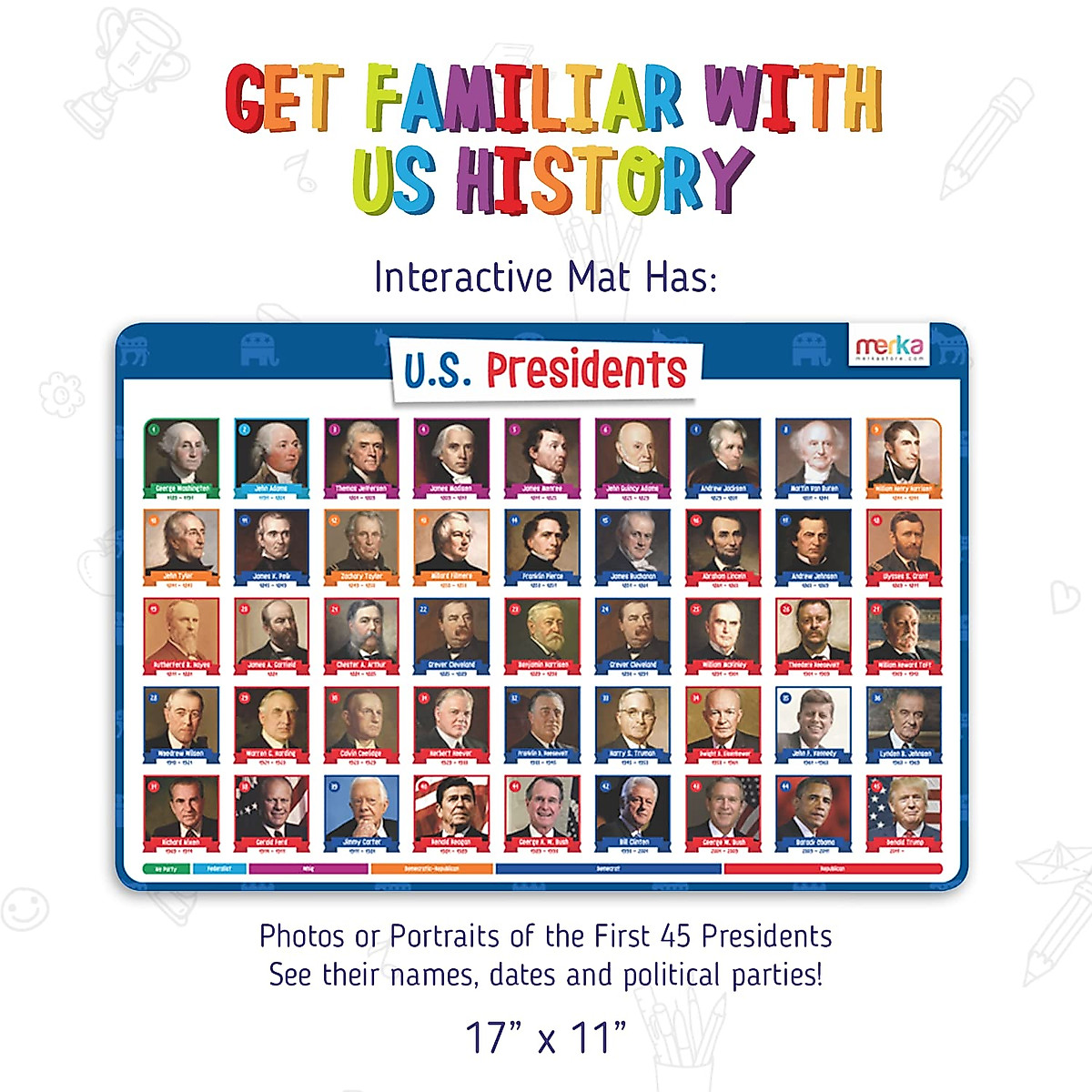 merka Placemats for Kids Plastic Placemats for Kids Presidents for Kids Educational Placemats for Kids Learning Placemats US Presidents Non-Slip Silicone Mats for Dining Table