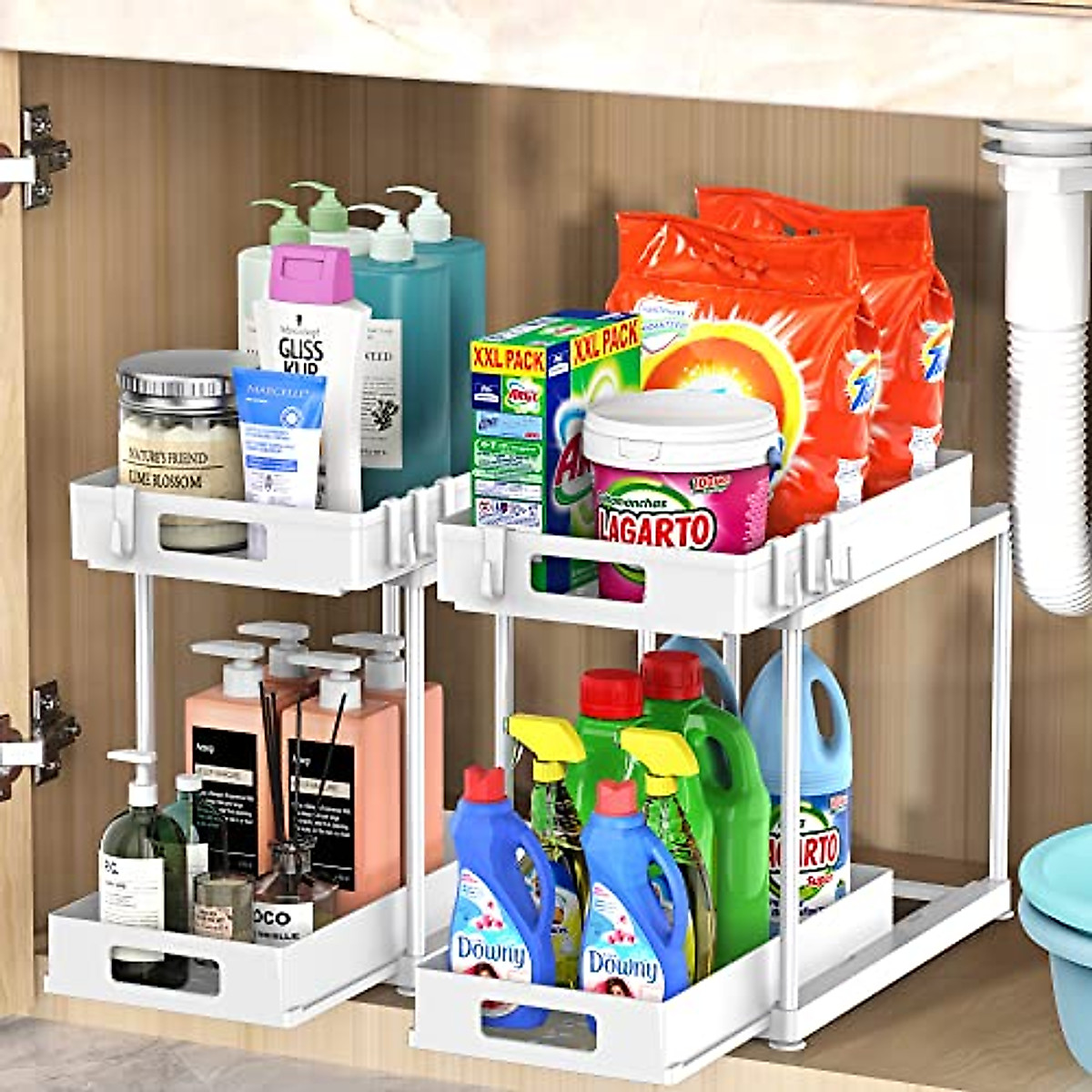 Under Sink Organizers and Storage, 2 Pack Pull-out Large Capacity Under Bathroom and Kitchen Cabinet Storage Drawer Organizer with Hooks, Multi-purpose Heavy Load Under Sink Shelf Organizer, White