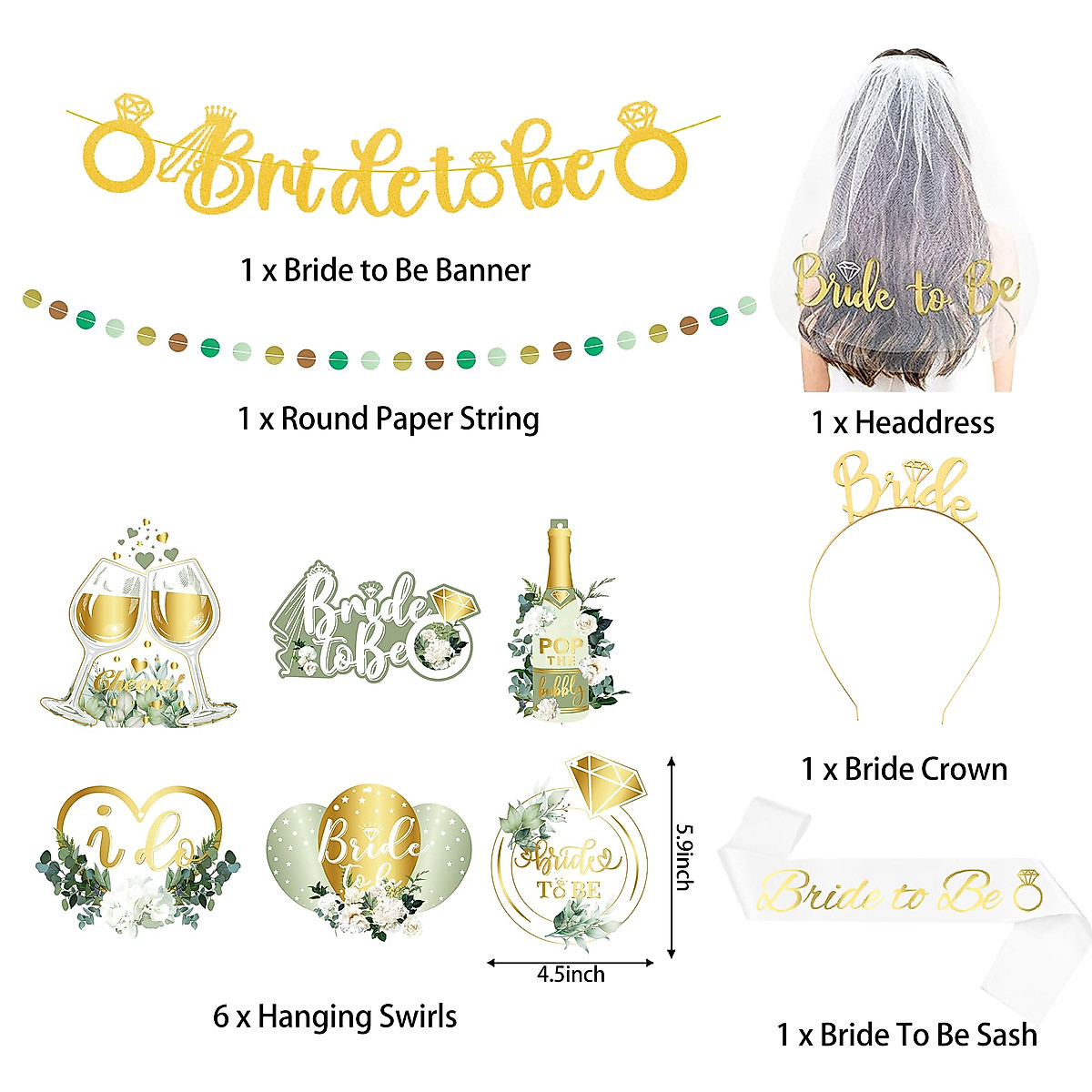 DARUNAXY Sage Green Bachelorette Party Decorations, Bride to Be Banner, Bride Veil Tiara & Crown Bridal Shower Balloons Cake Topper Paper Pom Poms Party Supply for Hen Bachelorette Party(34PC)