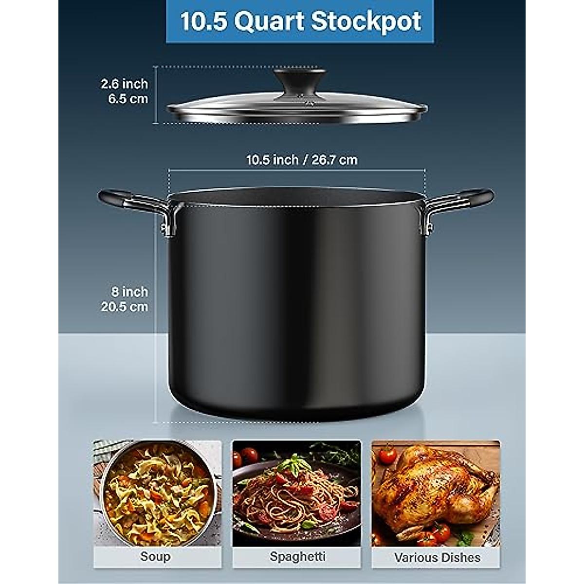Cook N Home Nonstick Stockpot with Lid 10.5-Qt, Deep Cooking Pot Cookware Canning Stock Pot with Glass Lid, Black