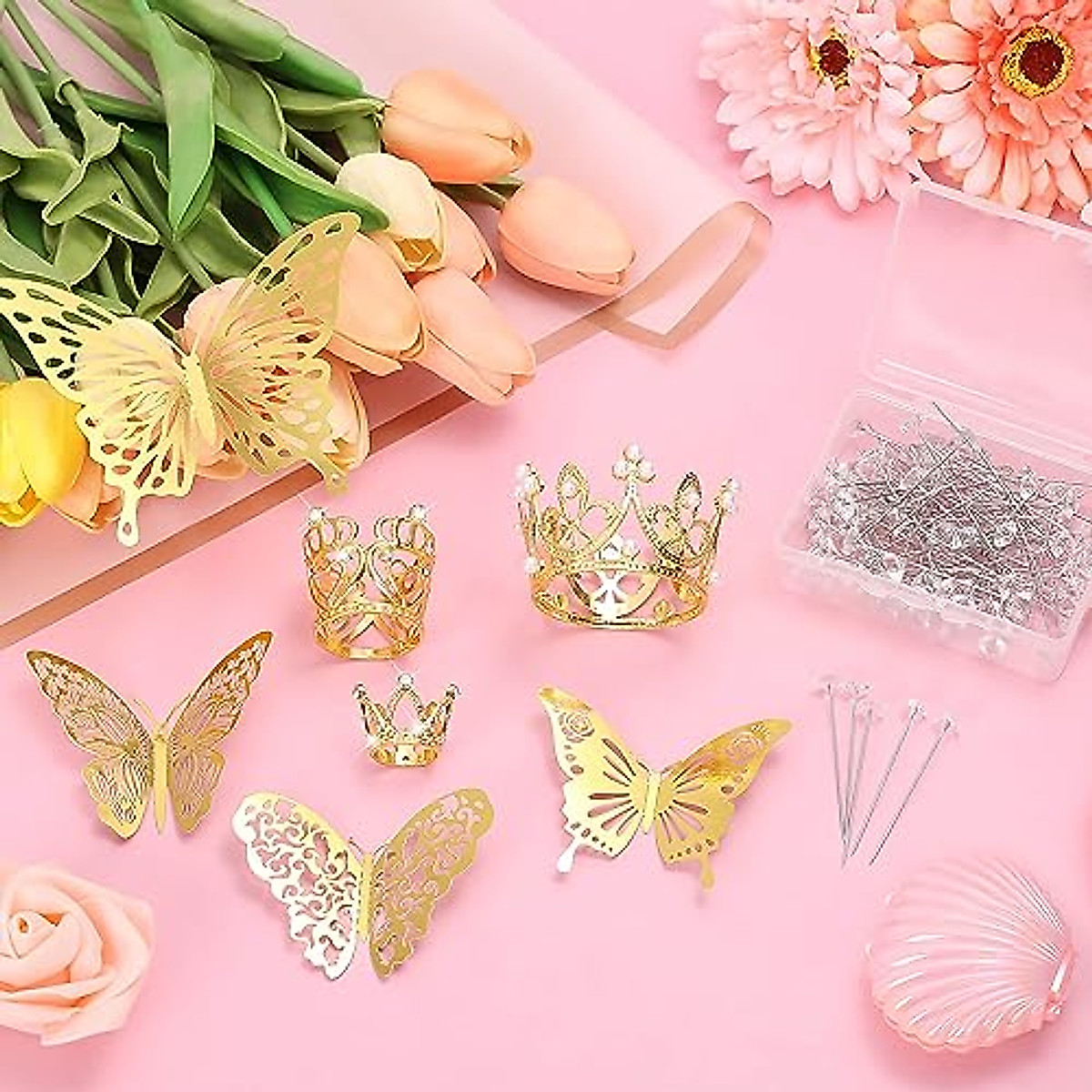 cridoz 163Pcs Flower Bouquet Accessories, 15Pcs Mini Crowns with 48Pcs Gold 3D Butterfly Decorations and 100Pcs Corsage Boutonniere Pins for Flower Arrangements, Small Crowns for Cake Topper
