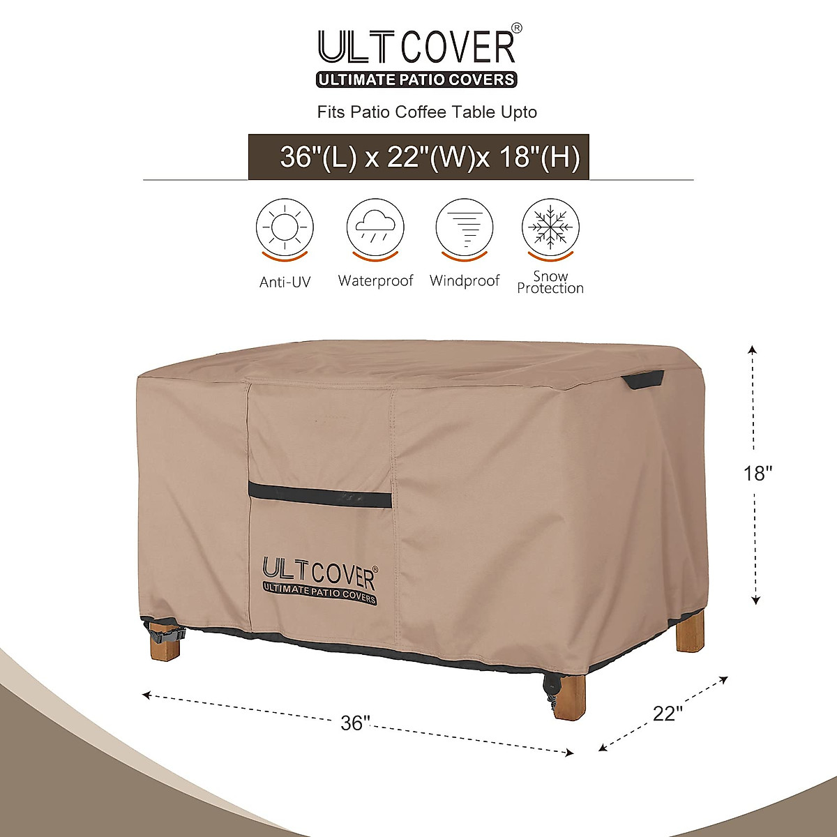 ULTCOVER Patio Coffee Table Cover, Waterproof Rectangular Outdoor Small Side Table Cover 36x22x18 inch