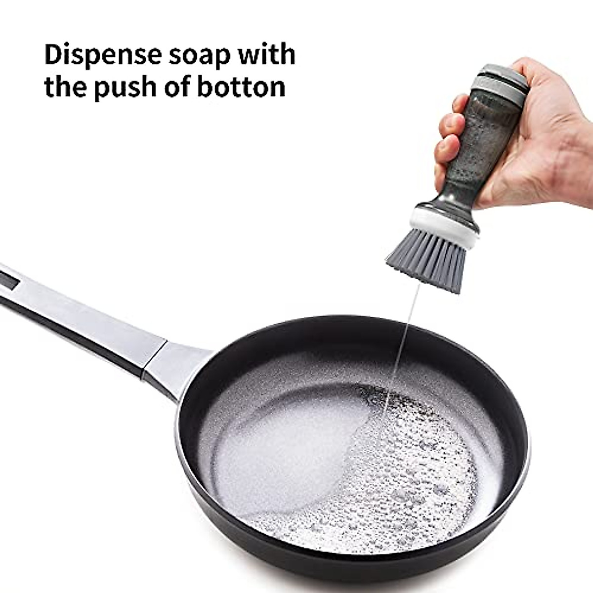 CQT Dish Brush, Dish Scrub Brush with Soap Dispenser for Dishes Kitchen Sink Pot Pan Scrubbing, 1 Brush 2 Refills