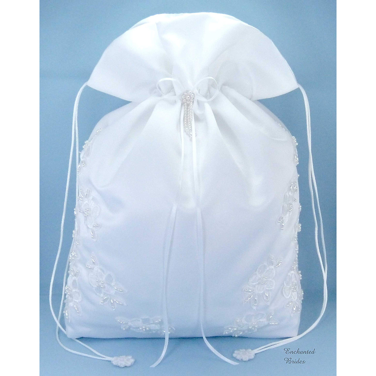 Satin Bridal Wedding Money Bag (#E1D4MBwh) in LARGE Size with Pearl-Embellished Floral Lace for Receiving Envelopes and Cards, Bridal Purse, and Other Special Occasions