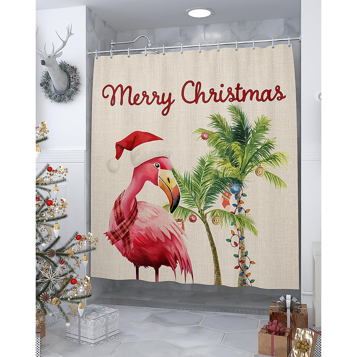 Merry Christmas Shower Curtain for Bathroom 72" x 78" Tropical Flamingo Palm Tree Shower Curtain with Hooks Polyester Waterproof Home Bathtub Decor