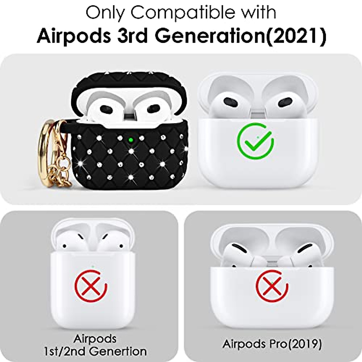 Airpods 3rd Generation Case for Women, Cute Glitter Rhinestone Airpod Gen 3 Cases Hard Cover with Keychain Compatible with Apple Wireless iPod 3rd Charging Case 2021, Black
