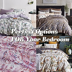 Purple Duvet Cover Set Floral Garden Style King 3 Pieces Bedding Set, Ultra Soft Green Leaves Botanical Flowers Pattern Lavender Reversible Farmhouse 1 Comforter Cover + 2 Pillowshams(No Comforter)