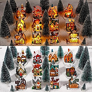 Kajaia 12 Pieces Christmas Winter Houses Village with 12 Pieces Trees Lamp LED Lights Christmas Winter Village Town Buildings Accessories for Thanksgiving Halloween Village Figurine Desktop Decor