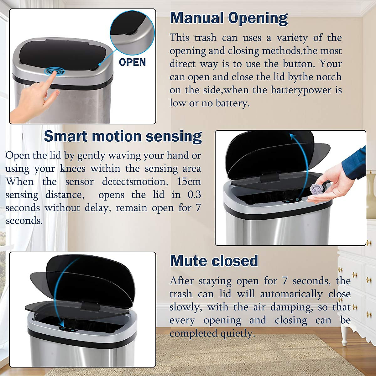 13 Gallon 50 Liter Garbage Can Automatic Kitchen smart motion sensor Trash Motion Sensor Automatic Closure & Opening Touchless Garbage Bin Anti-fingerprint Mute Designed Trash Bin for Office Bedroom Bathroom (Silver2)