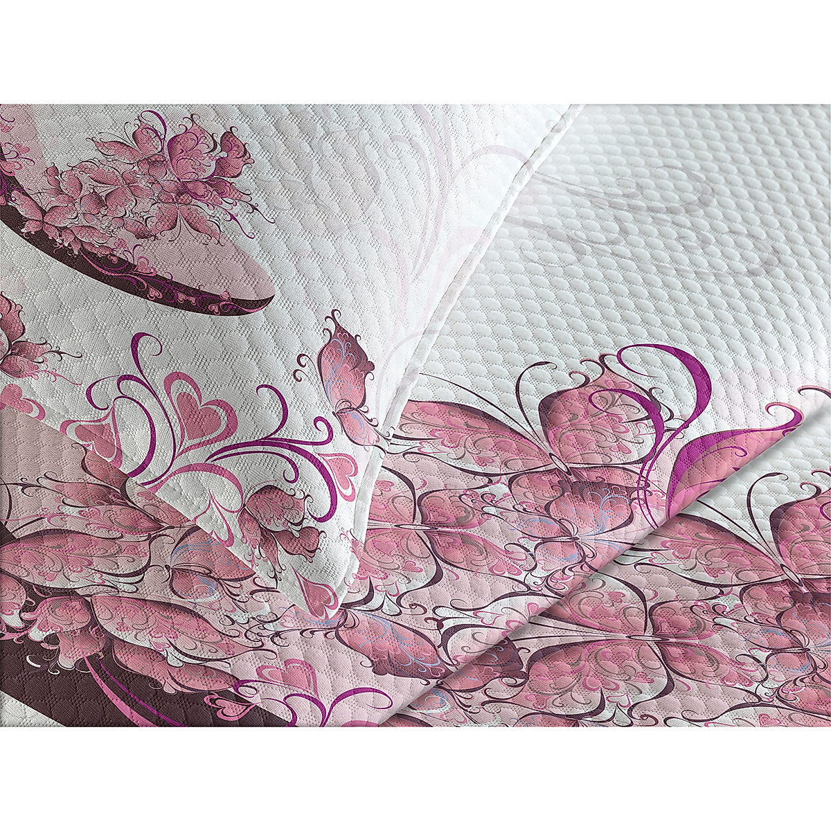 Lunarable Pink and Bedspread, Ornamental Butterflies and Hearts on a High Heel Shoe Feminine Pattern, Decorative Quilted 3 Piece Coverlet Set with 2 Pillow Shams, Queen Size, Pink