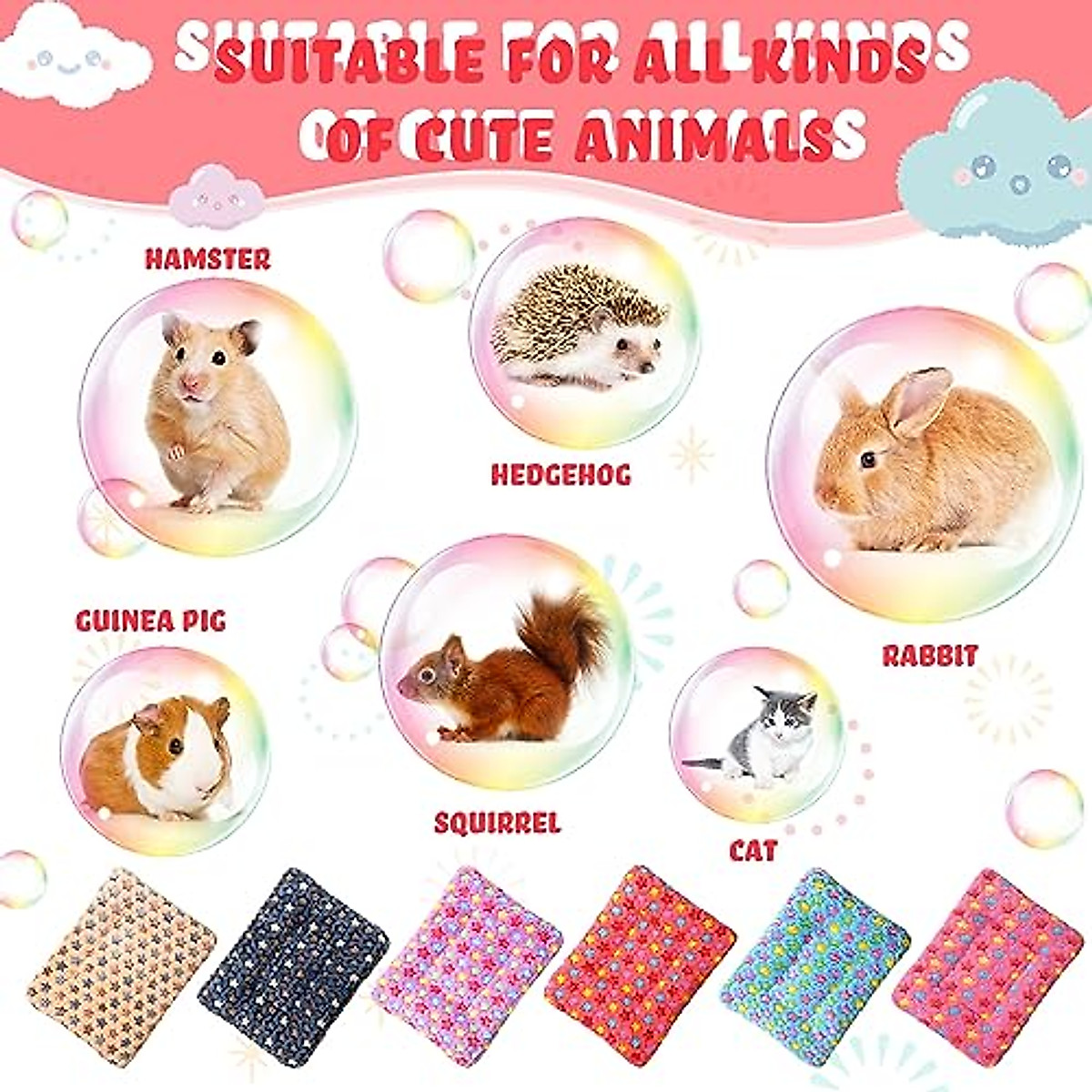 Yulejo 6 Pieces Guinea Pig Bed Plush Hamster Mat Bunny Bed Small Animal Sleeping Bedding Pads with Cleaning Dustpan Brush for Chinchilla Squirrel Hedgehog Small Animals (Cool Color, Star)