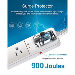 Power Strip Extension Cord, Surge Protector, 6 Ft, 4 Outlet Heavy Duty, 3 Prong Plug, Overload Protection, Ideal for Home or Office Equipment, White