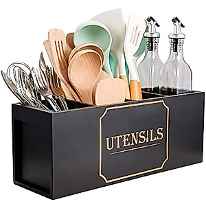 Yumkfoi Extra Large Utensil Holder with 4 Compartments, Wooden Farmhouse Utensil Organizer for Kitchen Counter, Rustic Cooking Utensil Crock Countertop Utensil Caddy Spatula Holder (Classic Black)