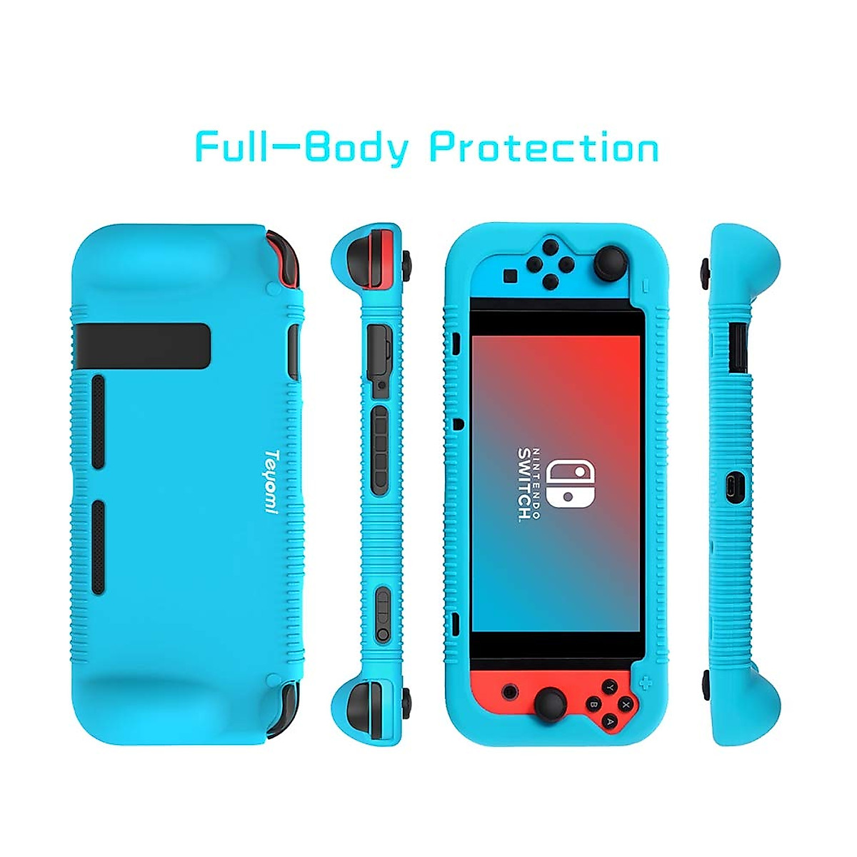 Teyomi Protective Silicone Case for Nintendo Switch, Grip Cover with Tempered Glass Screen Protector, 2 Storage Slots for Game Cards, Shock-Absorption & Anti-Scratch (Blue)