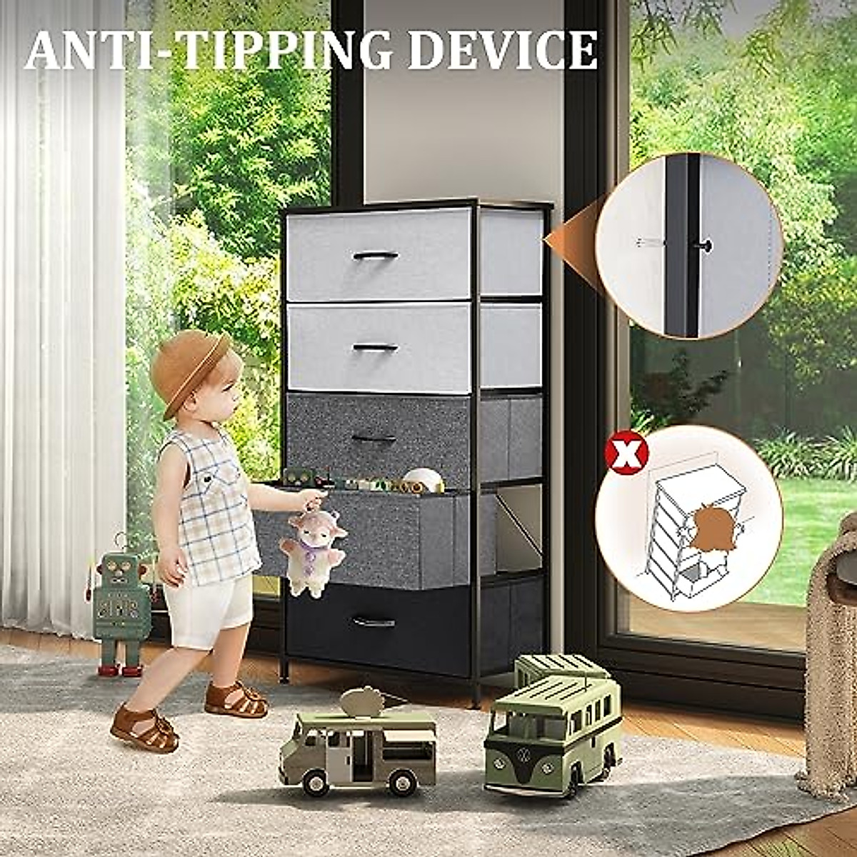 VredHom Fabric Dresser for Bedroom, Tall Skinny Dresser with 5 Wide Drawers, Storage Organizer Tower, Steel Frame Wooden Top for Closet, Living Room, Hallway, Nursery(Grey&Black)