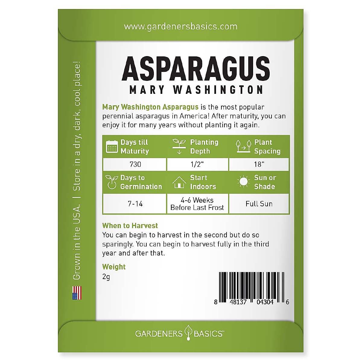 Gardeners Basics, Asparagus Seeds for Planting - Mary Washington Non-GMO Perennial Vegetable Variety- 2 Grams Seeds Great for Spring and Early Summer Gardens