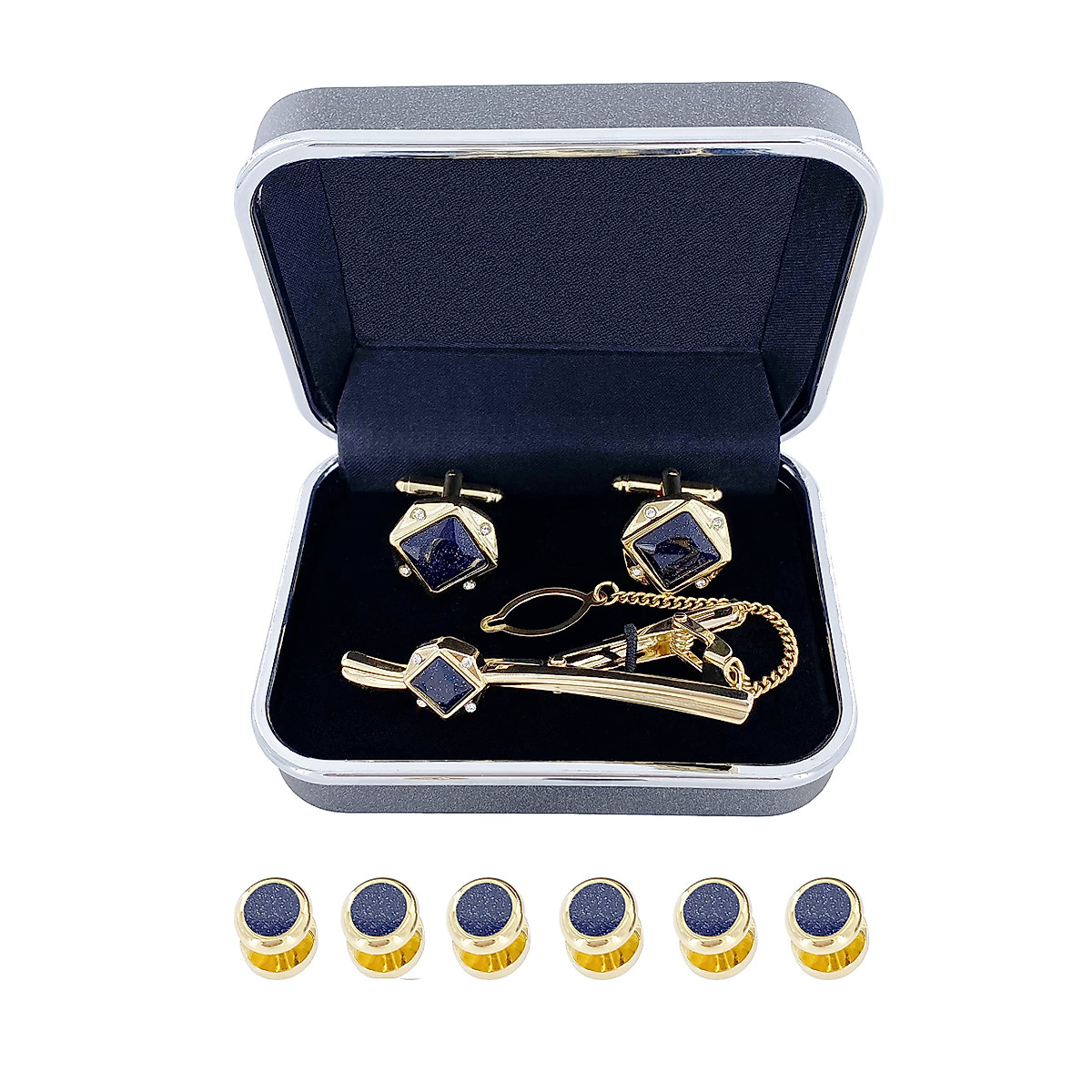 CLEECOO Men’s Tie Clip and Cufflinks Set with Gift Box (6pcs Tuxedo Studs Giveaways) for Wedding Anniversary Birthday or Business