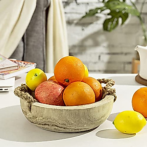 MyGift 9.6 inch Handmade Natural Paulownia Wood Fruit Bowl with Rope Handles, Decorative Round Serving Bowl Tabletop Home Décor