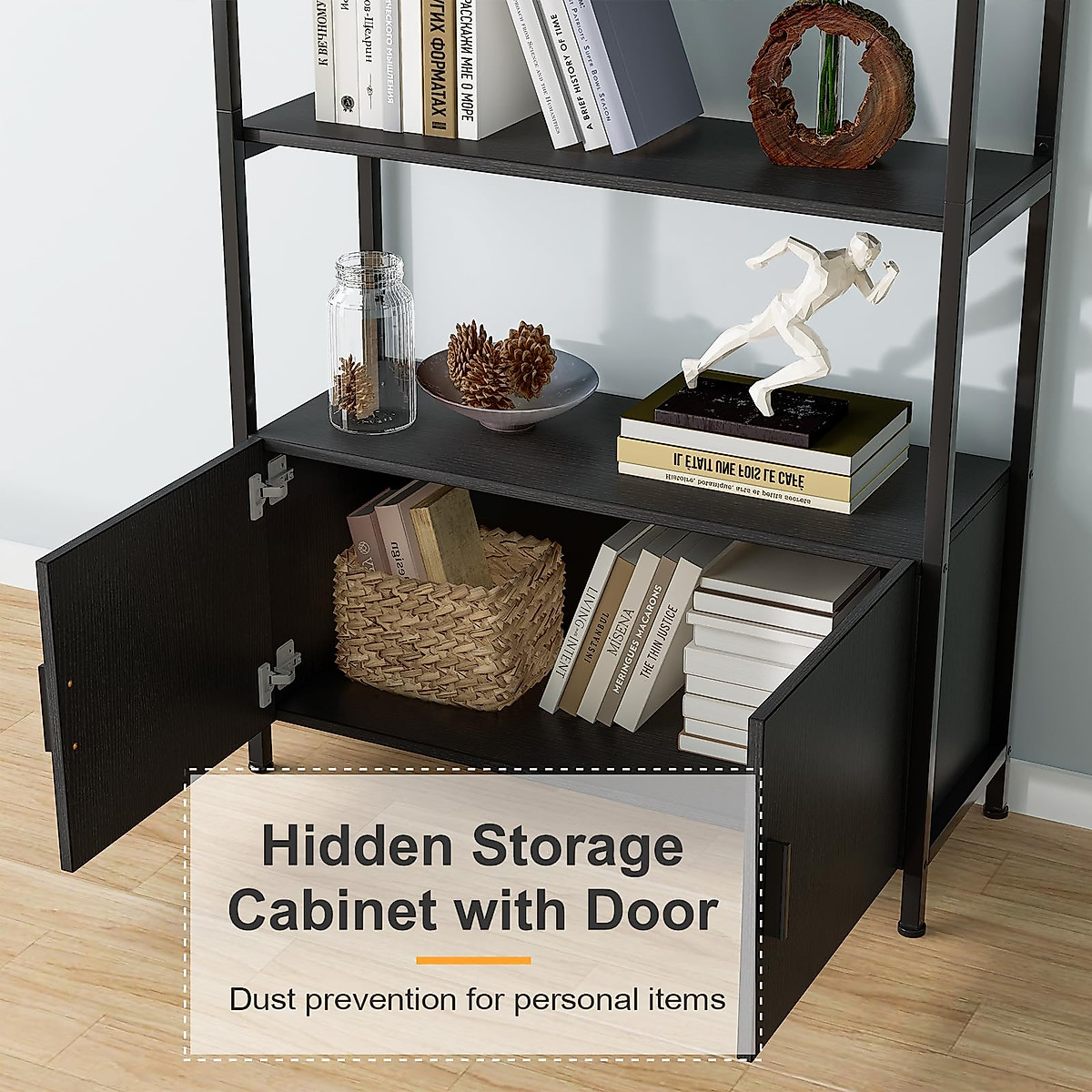 Jehiatek Arched Bookshelf, Bookcase with Doors Storage, 71 Inches Tall Industrial Book Shelf with Sturdy Metal Frame, E1 Quality Boards, Freestanding Display Shelving Unit, Black