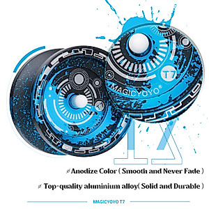 Responsive Yoyo for Kids , Aluminum Metal Beginner Yoyos with Narrow C Yoyo Bearing and Extra 5 Yoyo Strings + Yoyo Bag+ Yoyo Glove (Yoyo T7 Black&Blue)