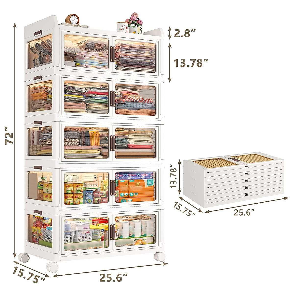 EnHomee 125GAL/500QT Storage Bins with Lids, Stackable Storage Bins with Wheels and Doors, Plastic Storage Containers Box, Large Collapsible Storage Drawers for Bedroom Closet Organizers, 5PC