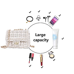 Qiayime Purse and Handbags for Women Fashion Tweed Pearl Top Handle Satchel Shoulder Tote bead chain Crossbody Clutch Bag (White)