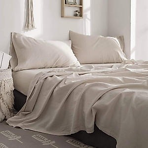 Simple&Opulence Belgian Linen Sheet Set Solid Color -Sheet Set 4PC - Cal King Natural Flax Cotton Blend Soft Breathable Farmhouse Bedding - California King, Linen/Beige