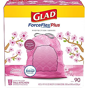 GLAD ForceFlexPlus Tall Kitchen Drawstring Trash Bags, 13 Gallon Pink Trash Bag for Kitchen Trash Can, Cherry Blossom Febreze Freshness and Leak Protection, 90 Count
