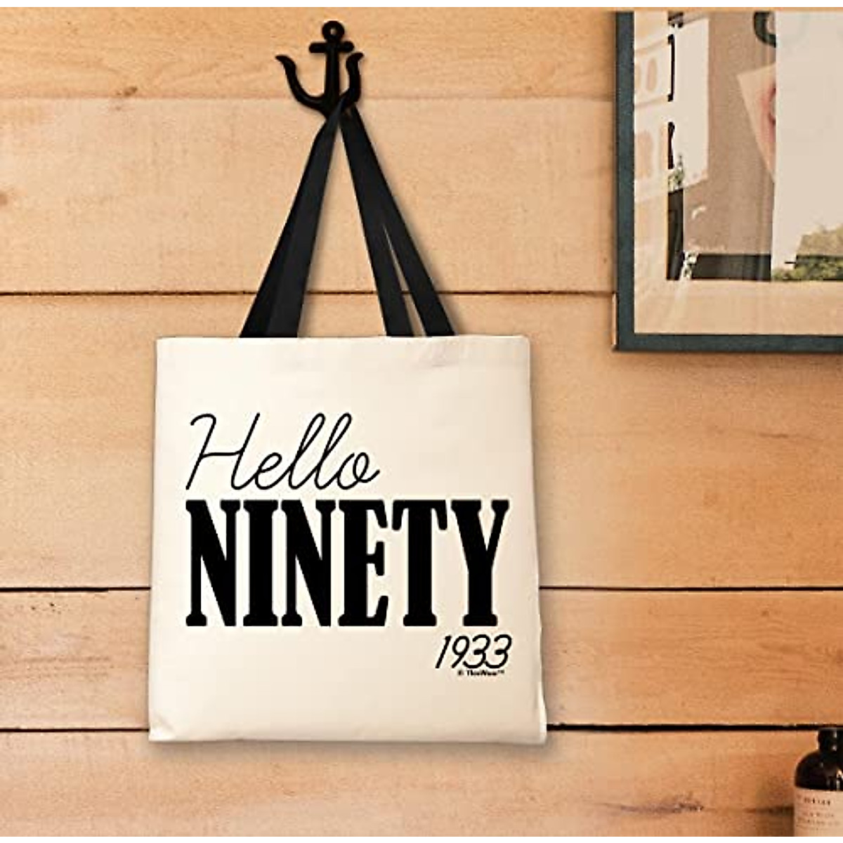 90th Birthday Decorations For Men Hello Ninety 1933 Black Handle Canvas Tote Bag