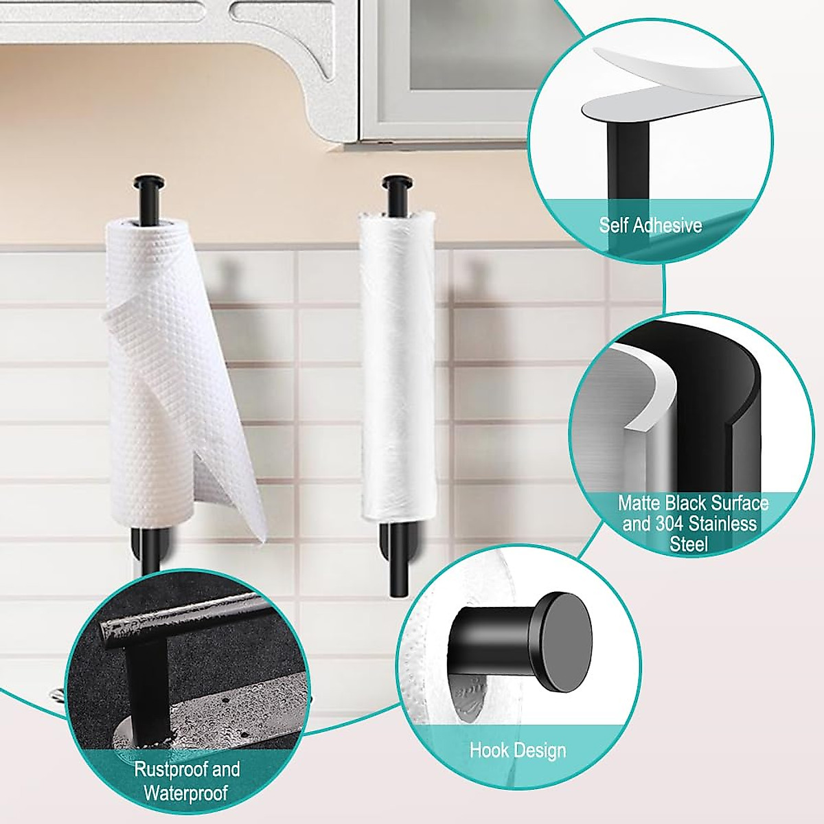 MGahyi Paper Towel Holder Wall Mount, Self Adhesive Or Drilling Under Cabinet Kitchen, 13.2 inch Stainless Steel Paper Towel Roll Rack, Towel Roll Hanger for Bathroom(Rectangle-Black)