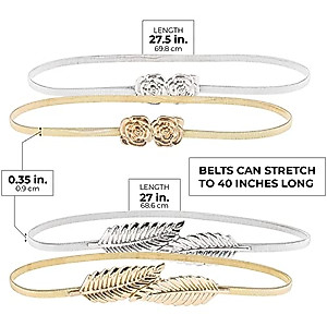 Juvale 4-Pack of Adjustable Fancy Dress Belts for Women, Skinny Stretch Metallic Waist Belts for Dresses, Blouse, Leaf and Rose Designs, Silver and Gold (27x0.35 in)