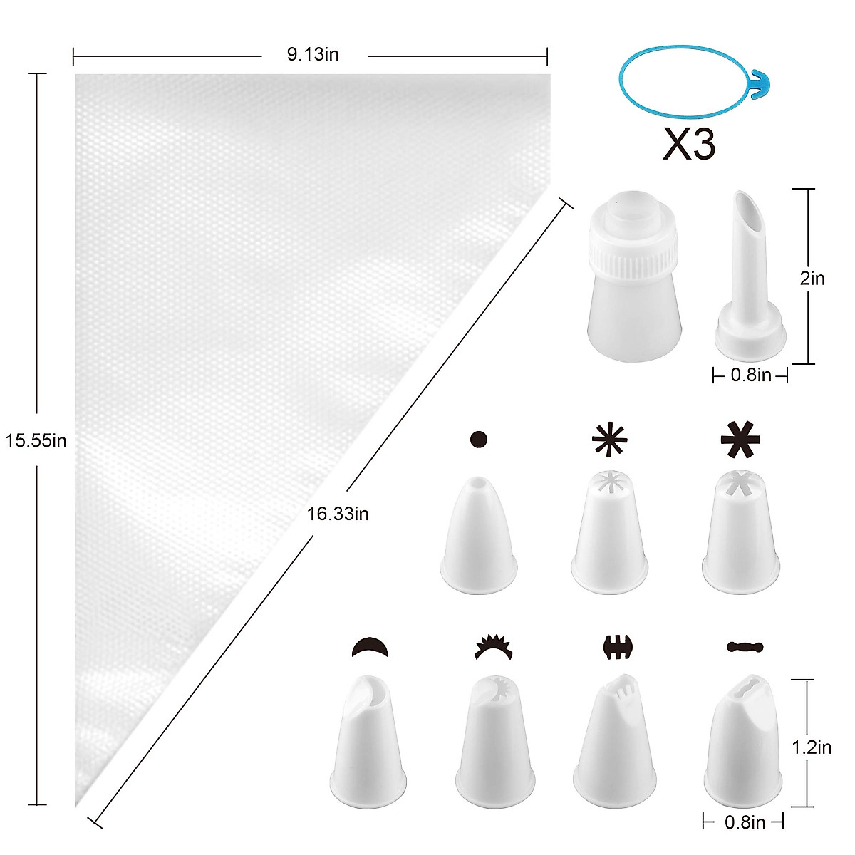 Weetiee Pastry Bag - 100 Pieces 16 Inch [Extra Thick] Disposable Piping Bags Set with 8 decorating tips, 1 coupler and 3 Bag Ties for Cake Decorating Royal Frosting