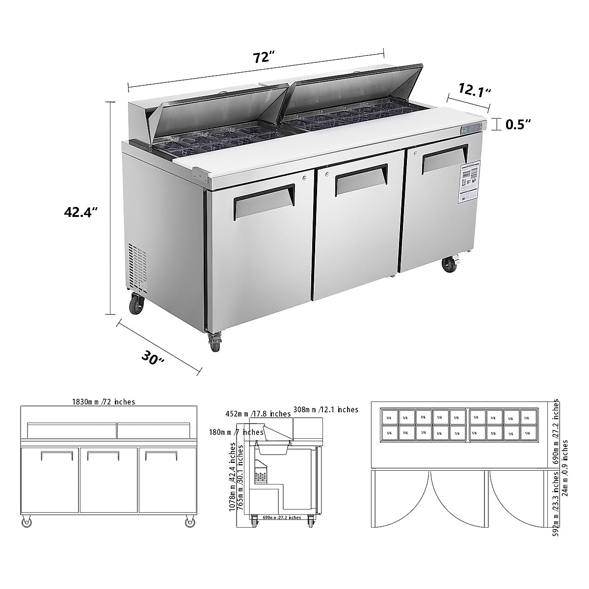JINSONG 72" Refrigerator Sandwich & Salad Prep Table, Stainless Steel Refrigerated Food Prep Station, 20 cu. ft with Cutting Board and 18 Pans for Restaurants, Bar, Shops, etc