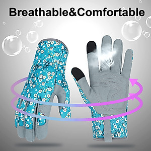 MERTURN Leather Gardening Gloves for Women Unique Floral Print Garden Gloves Touch Screen Design Yard Working Gloves Thorn Proof Gardening Gloves Weeding Tools Garden Gift for Gardener