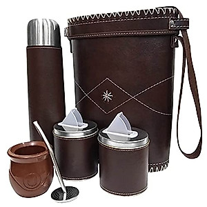 Mates Eco Leather Complete Set to Drink Yerba Mate Kit All Accesories Included: Containers Gourd (Cup) Bombilla (Straw) Thermos Bag, Brown, 34 X 23 X 12