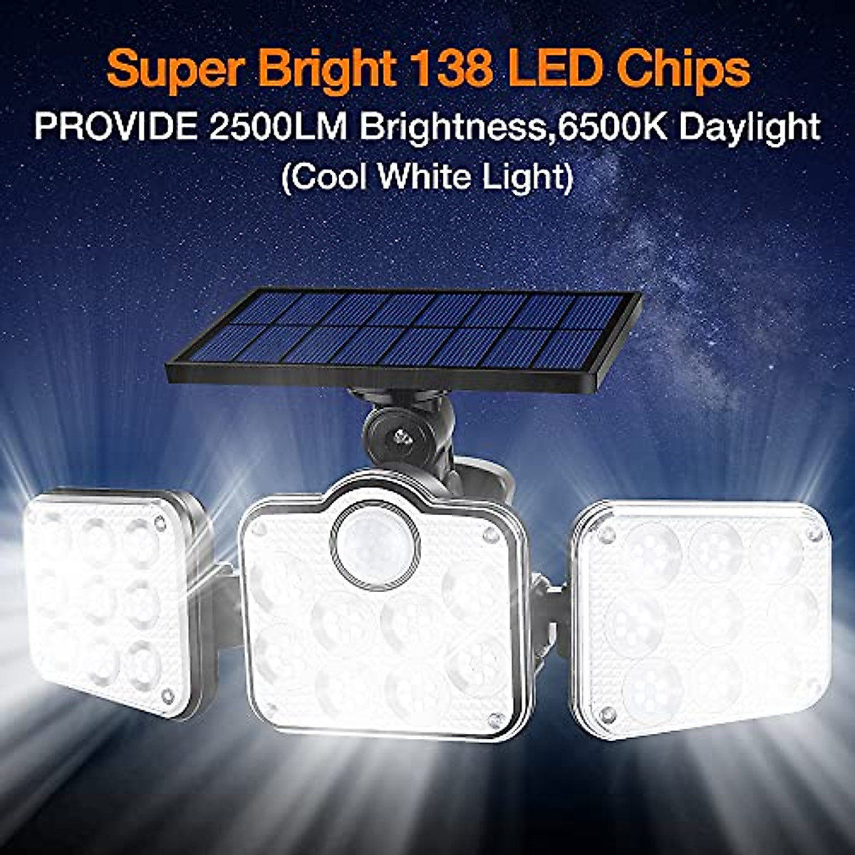 Outdoor Solar Powered Flood Lights, KwafoTri 138 LED 2200LM with Remote Control, IP65 Waterproof, 3 Adjustable Heads, 270° Wide Angle, Wireless Security Light for Garage Patio Porch Garden Yard-2 Pack