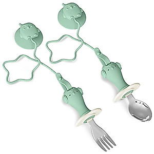 CAROMOLLY Toddler Utensils, Toddler Fork and Spoon Set Stainless Steel Toddler Silverware Set with Suction and Anti-Dropping Chain, Baby Utensils with Case On-The-Go 2 Pcs Green