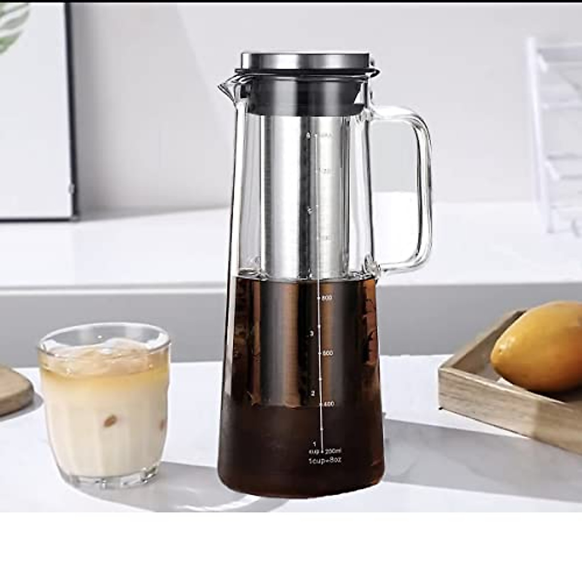 Cold Brew Coffee Maker with Lid and Handle 47oz / 1.4 Liter, Durable Glass Pitcher Carafe, Stainless Steel Mesh Filter Infuser, Dishwasher Safe, for Iced Coffee, Cold Brew, Juice, Tea & More