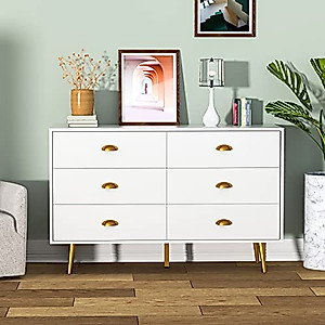 CARPETNAL White Dresser, Modern Dresser for Bedroom, 6 Drawer Dresser with Wide Drawers and Metal Handles, Wooden Double Dressers & Chest of Drawers for Hallway, Entryway