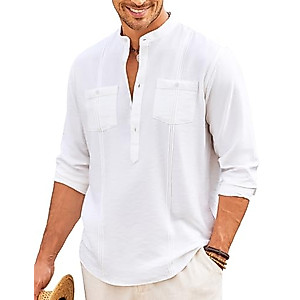 COOFANDY Men's Linen Henley Shirt Long Sleeve Casual Hippie Cotton Beach T Shirts White
