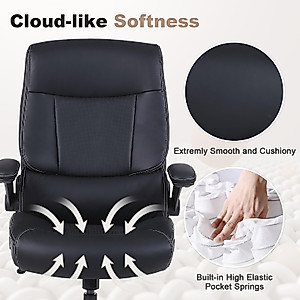 Youhauchair Big and Tall Office Chair, 500LBS Executive Desk Chair with Lumbar Support, PU Leather Ergonomic Computer Chair with Flip-up Armrests, High Back Work Chair, Black